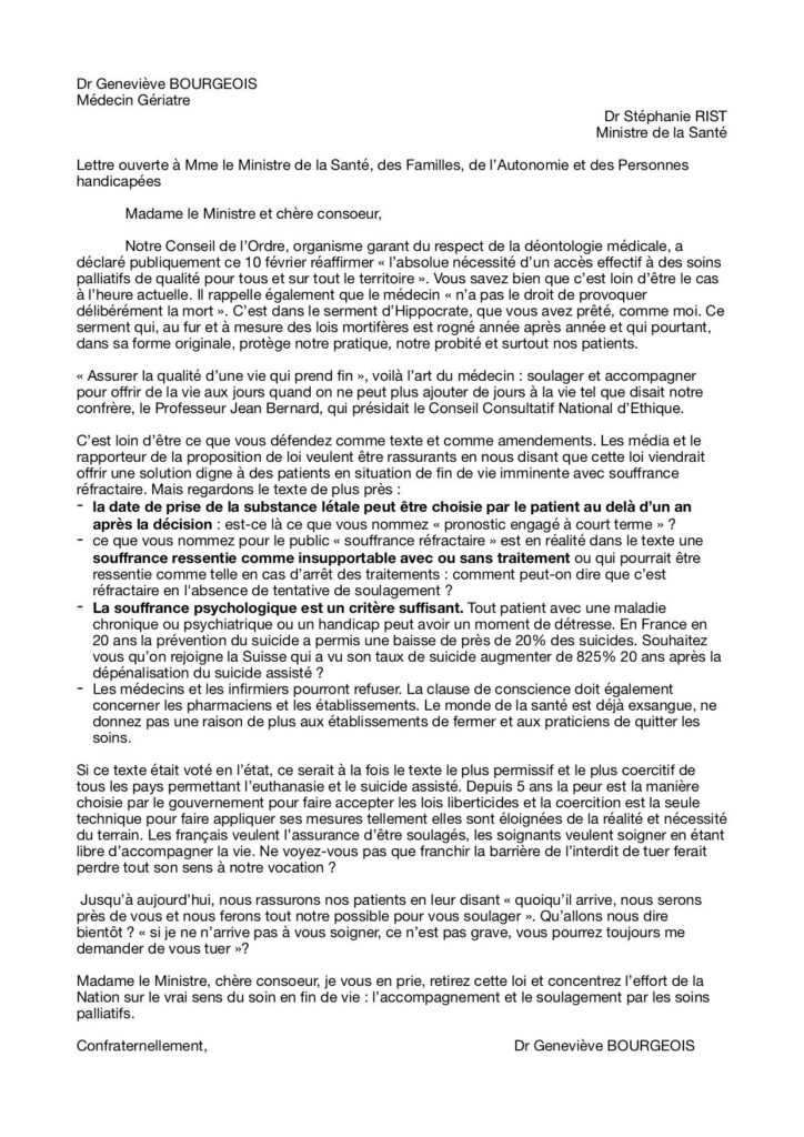 Lettre ouverte au Dr Stéphanie Rist, ministre de la santé, des familles ...